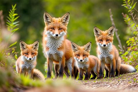 Group Of Red Foxes Vulpes Vulpes In The Grass Stock Illustration