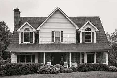 A Black And White Photo Of A House Suitable For Various Uses Stock