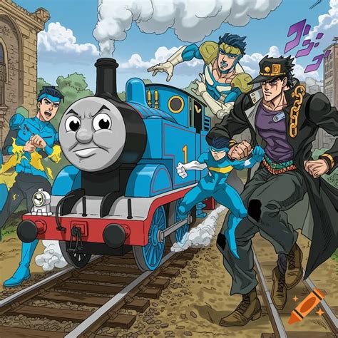 Thomas The Tank Engine On Train Tracks With Mark Grayson And Jotaro