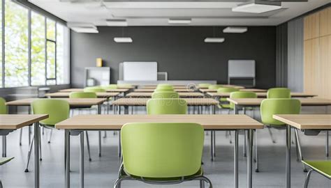 Empty Class Room With Wooden Desks And Green Chairs On School Blurry