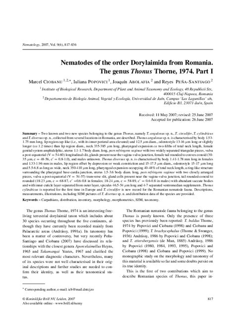 Pdf Nematodes Of The Order Dorylaimida From Romania The Genus