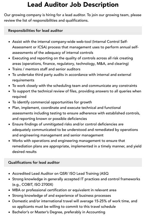 Lead Auditor Job Description Velvet Jobs
