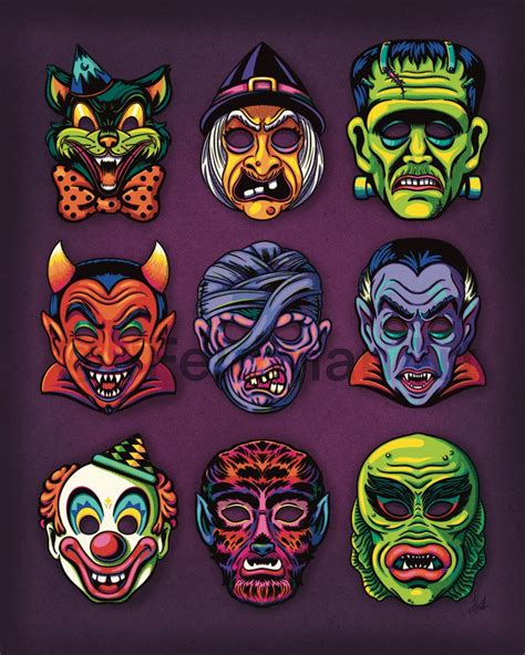 Retro Halloween Masks Art Print Etsy
