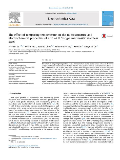 Pdf The Effect Of Tempering Temperature On The Microstructure And Electrochemical Properties