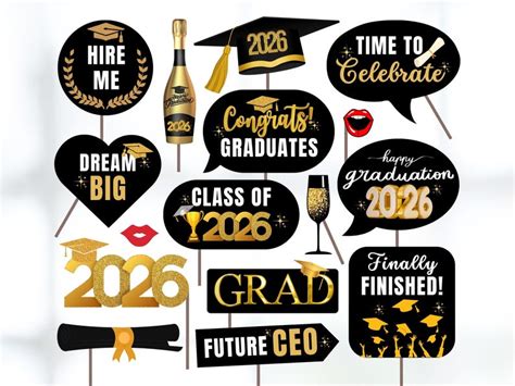 Graduation Photo Booth Props Class Of 2026 Black And Gold Party