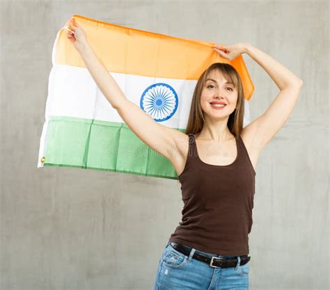 Pretty Young Girl Holding India Flag In Her Hands Stock Image Image
