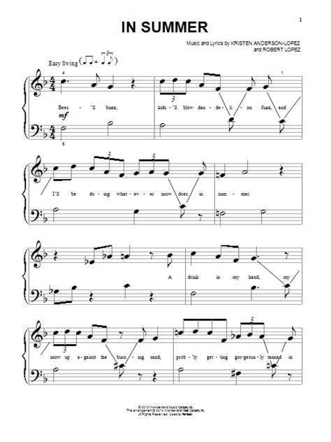 In Summer From Frozen By Josh Gad Sheet Music For Beginning Piano