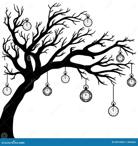 Vector Drawing Of The Tree With Clock Stock Vector Illustration Of