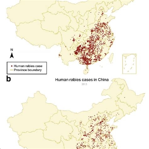 Maps Of Human Rabies Cases In China In 2005 A And 2013 B The Map