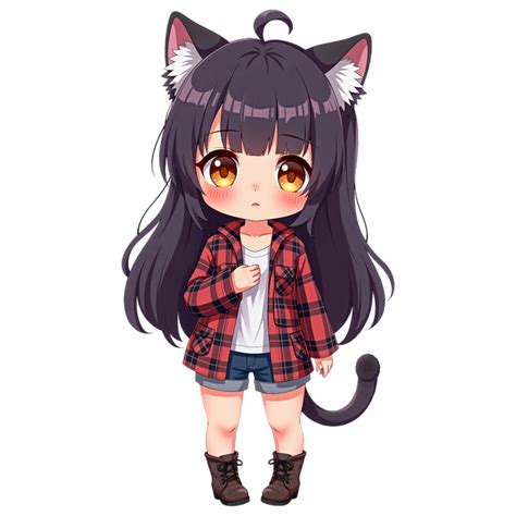 Shy Chibi Cat Girl With Long Black Hair And Plaid Shirt 51949552 Png