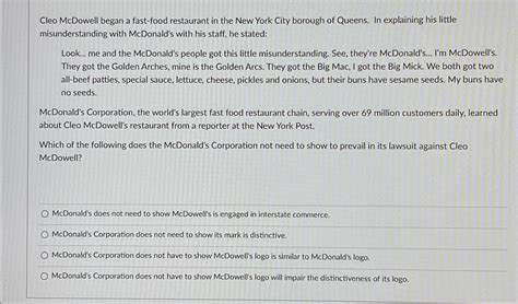 Solved Cleo Mcdowell Began A Fast Food Restaurant In The New