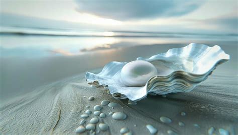 A Pearly Shell Rests On The Sandy Shore At Sunset Near The Calm Ocean