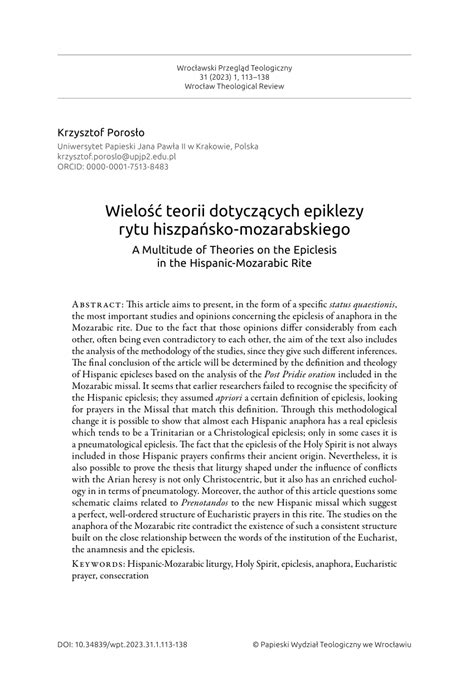 Pdf Wielość Teorii Dotyczących Epiklezy Rytu Hiszpańsko Mozarabskiego