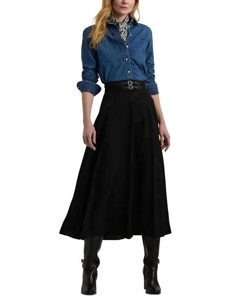 Lauren Ralph Lauren Buckle Trim Twill Midi Skirt In Black Myer
