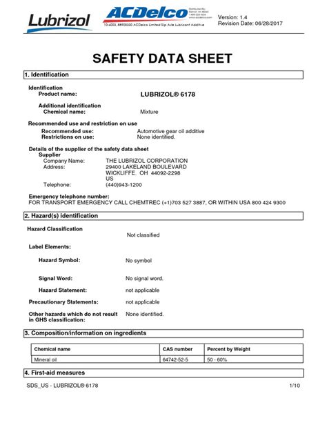 Lubrizol 6178 Pdf Personal Protective Equipment Combustion