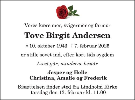 Dødsannonce For Tove Birgit Andersen Nordjyske Dk