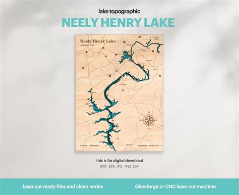 Neely Henry Lake Map Svg 3d Topographic Lake House Decor Digital