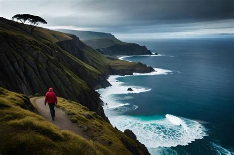 Premium AI Image A Man Walks Down A Path Near The Ocean