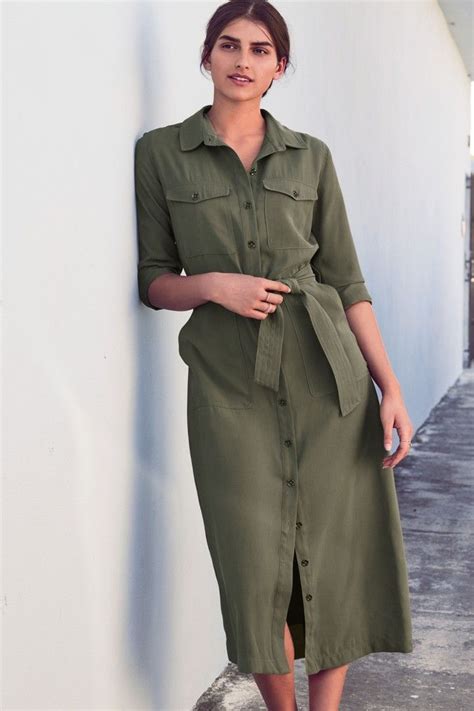 Womens Next Khaki Soft Utility Shirt Dress Green Sundress Casual