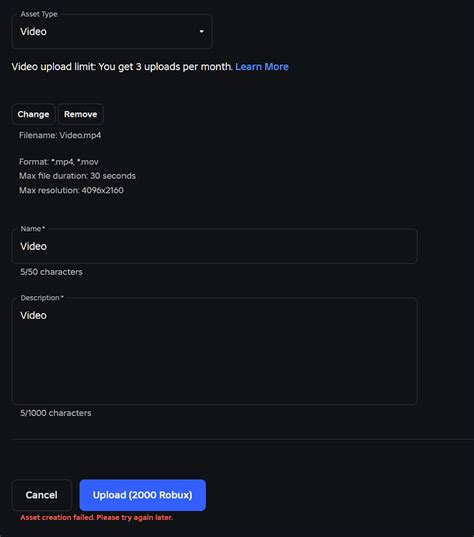 Uploading Video Always Results In Asset Creation Failed Please Try