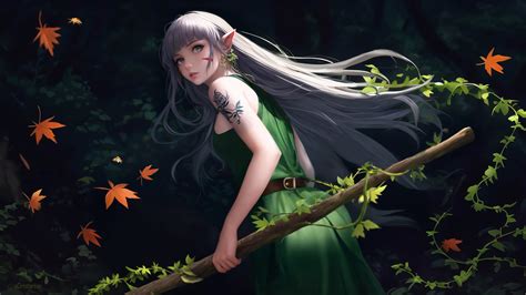 Wallpaper Forest Elven Green Dress Leaves Anime Girls 2560x1440