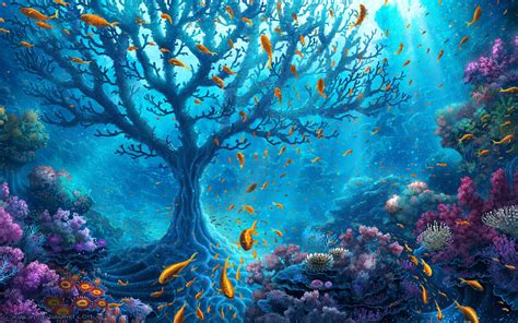 Download Wallpapers Underwater Coral Reef Fish Tree Ocean For