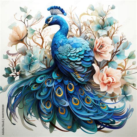 Watercolor Peacock Layered Paper Clipart Illustration Generative Ai