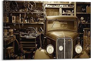 Vintage Car Rustic Workshop Black And White Auto Repair