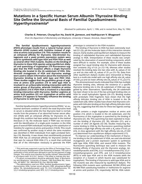 Pdf Mutations In A Specific Human Serum Albumin Thyroxine Binding
