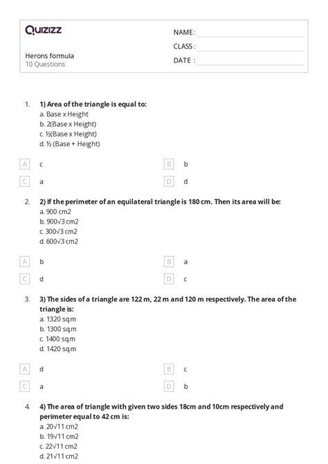 50 Herons Formula Worksheets For 9th Class On Quizizz Free And Printable