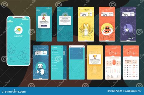 Trendy Mobile App Weather Widget Ui Kit Template Design Stock Vector Illustration Of Device