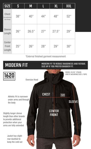 Soft Shell Winter Jacket Size Chart 1620 Workwear Inc
