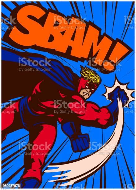 팝 아트 빈티지 만화도 서 스타일 슈퍼 히어로 액션 펀치 벡터 일러스트 레이 션에 슈퍼히어로에 대한 스톡 벡터 아트 및 기타