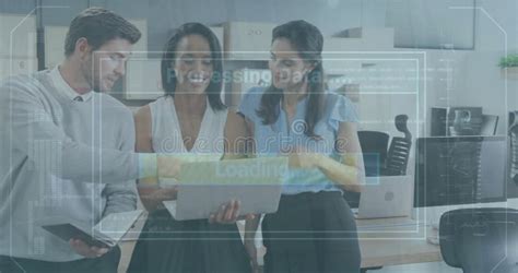 Animation Of Infographic Interface Over Multiracial Colleagues Discussing Over Laptop In Office