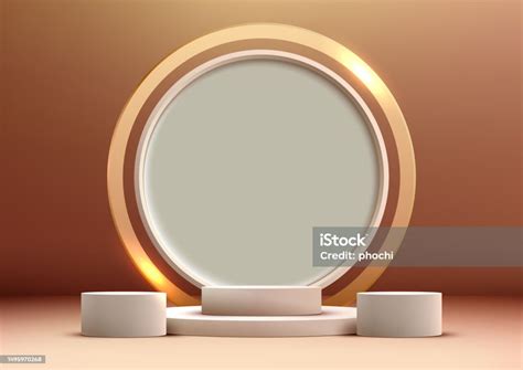 갈색 배경에 금색 원을 배경으로 한 텅 빈 흰색 연단의 3d 현실적인 그룹 현대적인 럭셔리 스타일 3차원 형태에 대한 스톡 벡터