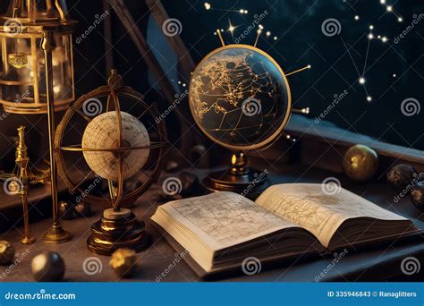 An Antique Brass Astrolabe Star Charts And A Celestial Globe Under A