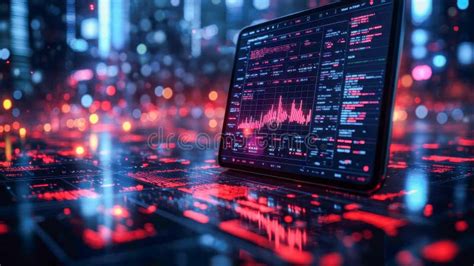 Mobile Device With Stock Trading Chart On Screen Glowing Red Interface Over Digital Grid