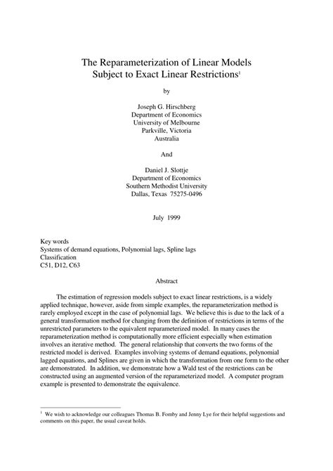Pdf The Reparametrization Of Linear Models Subject To Exact Linear Restrictions