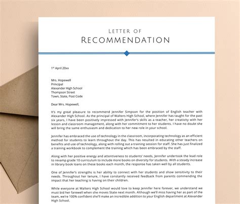 Letter Of Recommendation Template Reference Letter For A Teacher Ms Word And Pages Template
