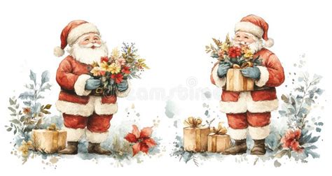 Vintage Santa Claus Duo Holding Festive Holiday Flowers And Ts In A
