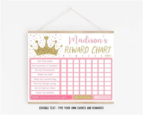 Editable Princess Reward Chart Princess Behavior Chart Pink And Gold Tiara Princess Crown Chore