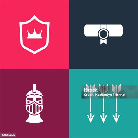 팝 아트 교차 화살표 중세 철 헬멧 법령 양피지 스크롤 및 왕관 아이콘이있는 방패를 설정합니다 벡터 기사 사람의 역할에 대한 스톡 벡터 아트 및 기타 이미지 Istock