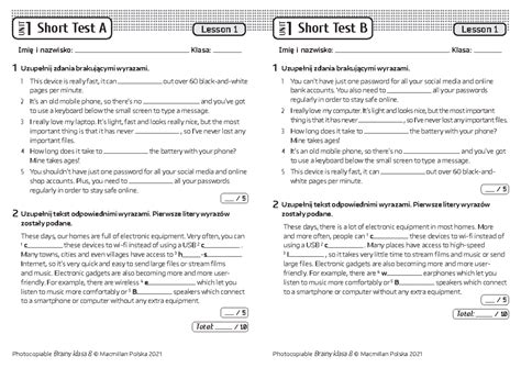 Short Tests Unit 1 Lesson 1 For Klasa 8 Brainy Series Studocu