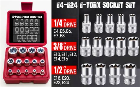 14 Piece E Torx Socket Set 3 8” 1 2” 1 4” Premium Ultimate Female Star Socket Set Drive E4