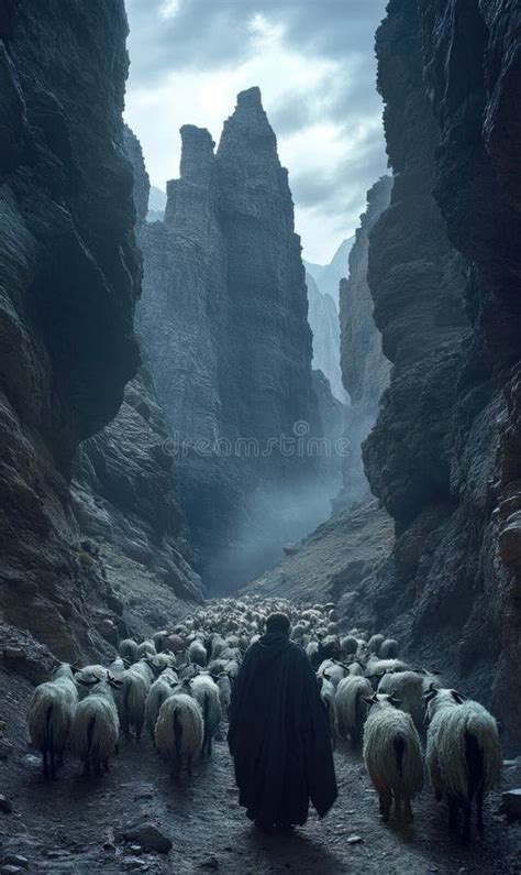 A Shepherd Walks Ahead Of A Large Flock Of Sheep Navigating Through A Dramatic Narrow Canyon
