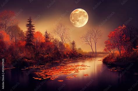 Amazing Autumn Landscape At Night In Moonlight Idyllic And Peaceful