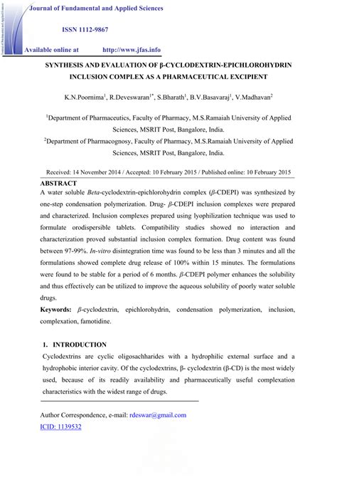 Pdf Synthesis And Evaluation Of β Cyclodextrin Epichlorohydrin Inclusion Complex As A