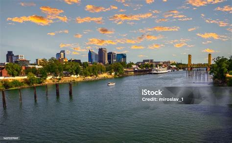 Sunset Above Sacramento Skyline Sacramento River And Tower Bridge In