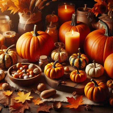 Autumn Pumpkin Thanksgiving Background With Mini Pumpkins Stock