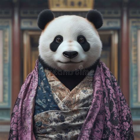 Panda Wearing Fashion Clothes On Dark Background Anthropomorphic